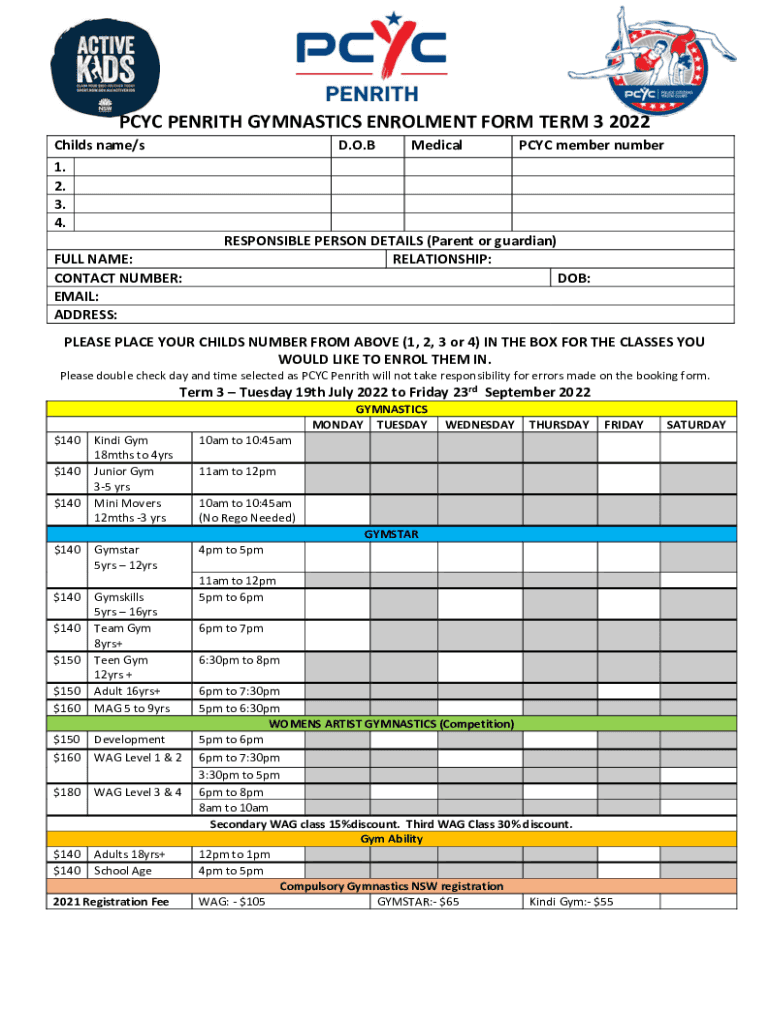 Fillable Online PCYC PENRITH GYMNASTICS ENROLMENT FORM ... Fax Email ...