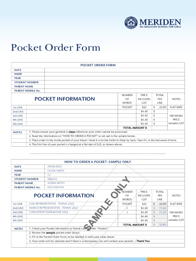 Fillable Online Pocket Order Form Fax Email Print - pdfFiller