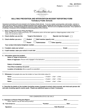 Fillable Online Bullying Prevention & Intervention Incident Reporting ...