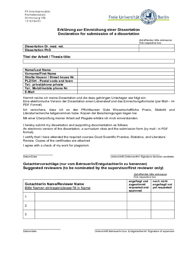 Fillable Online Erklrung zur Einreichung einer Dissertation Declaration ... Fax Email Print ...