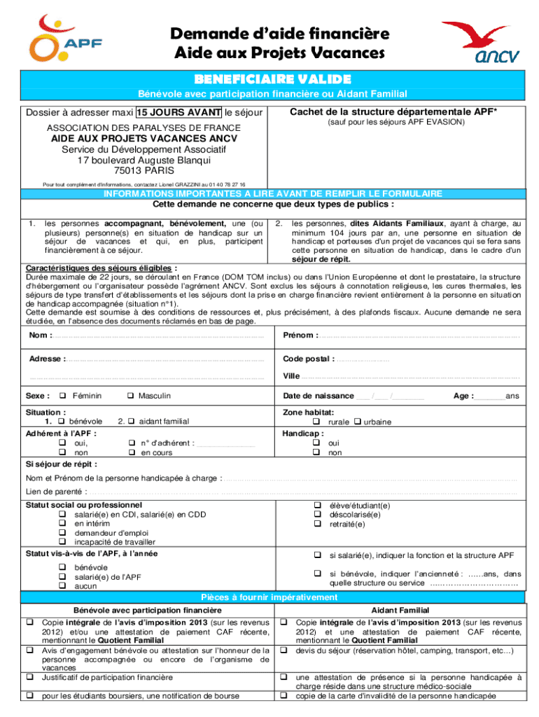 Remplissable En Ligne L'Aide aux Projets Vacances de l'ANCV :qui s ...