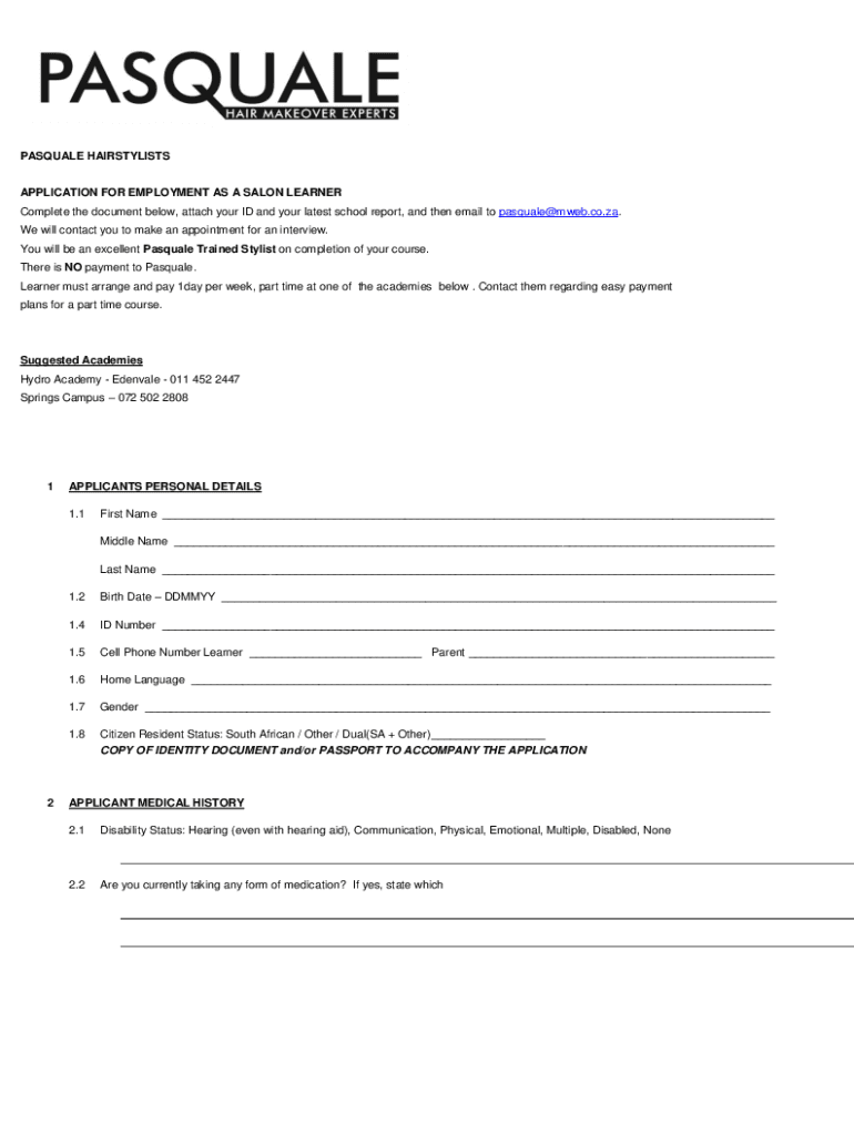 Fillable Online Application for employment as a salon learner Fax Email Print - pdfFiller