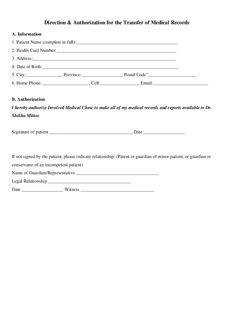Fillable Online Direction & Authorization for the Transfer of Medical ...