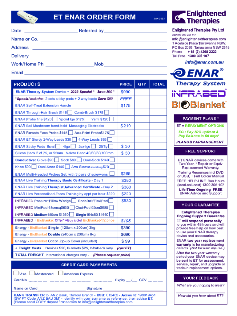 Fillable Online et enaR ORdeR FORm Jan 2023 - ENAR Device & ENAR ...