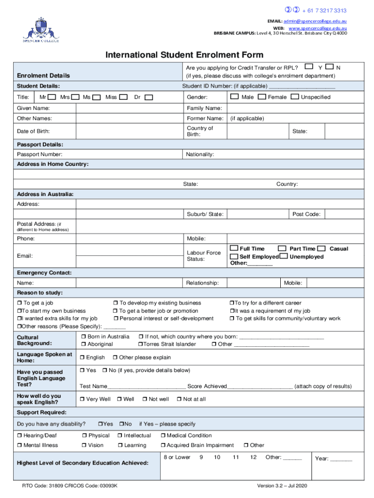 Fillable Online International Student Enrolment Form - Brisbane Fax Email Print - pdfFiller