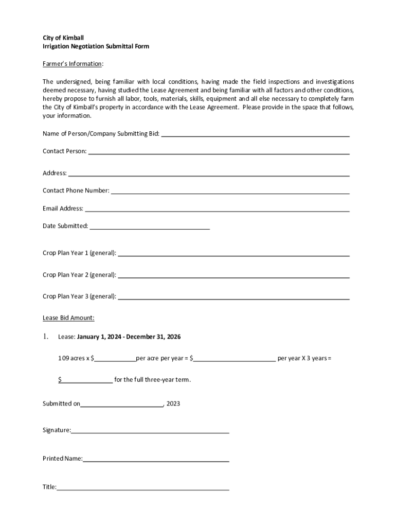 Fillable Online City of Kimball Irrigation Negotiation Submittal Form Fax Email Print - pdfFiller