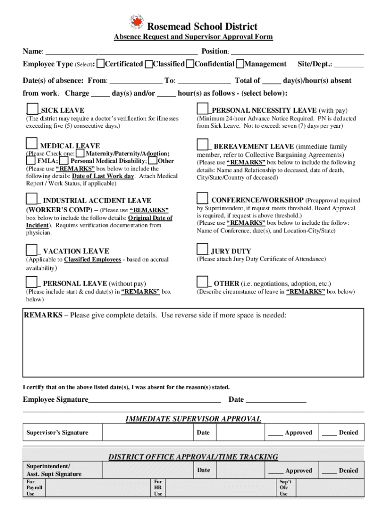 Fillable Online Absence Request and Supervisor Approval Form Fax Email Print - pdfFiller