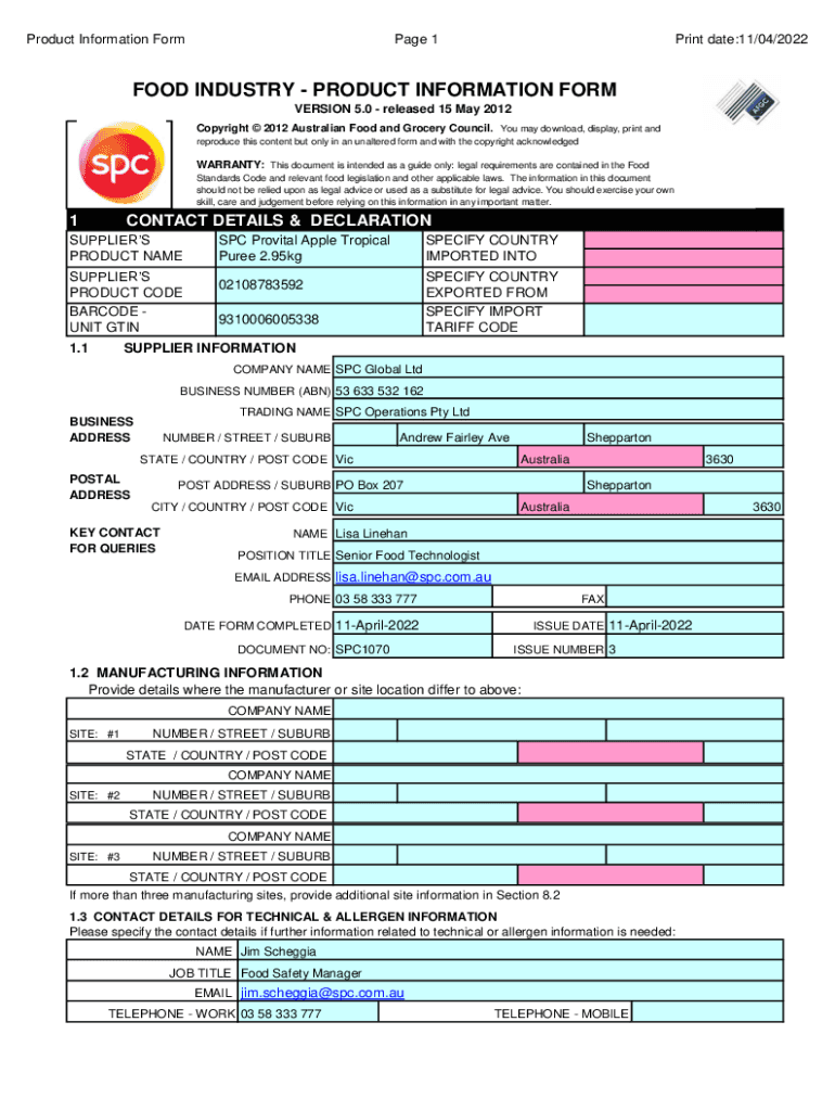 Fillable Online . Product Information Form Fax Email Print - pdfFiller