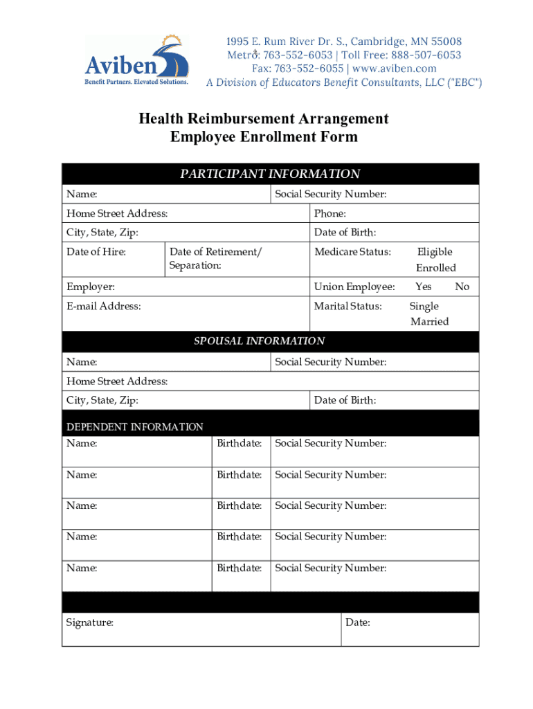 Fillable Online HRA Employee Enrollment Form Aviben Logo Fax Email ...