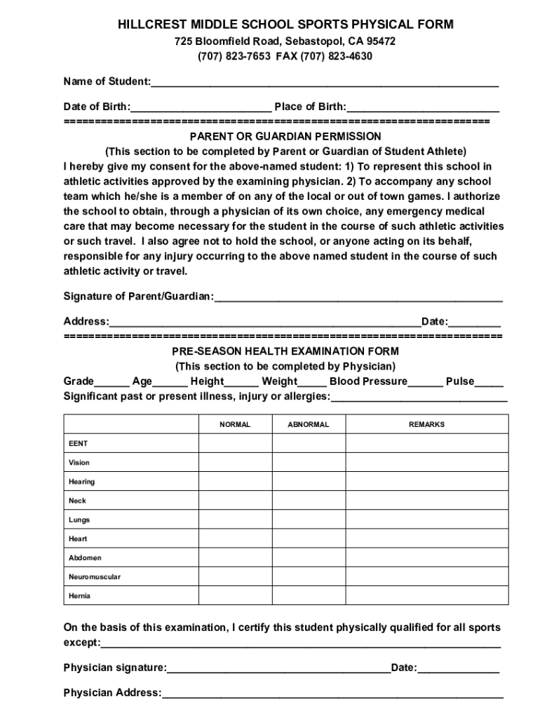 Fillable Online HILLCREST MIDDLE SCHOOL SPORTS PHYSICAL FORM Fax Email ...