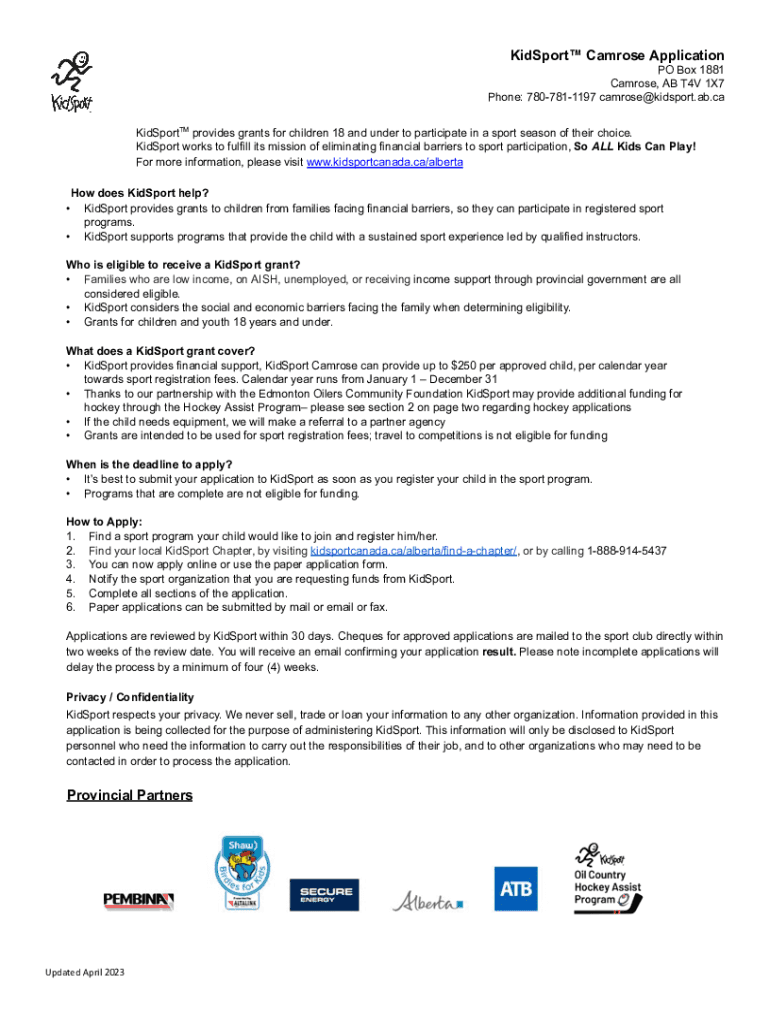 Fillable Online KidSport Camrose Application Provincial Partners Fax Email Print - pdfFiller