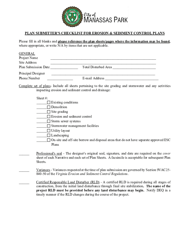 Fillable Online PLAN SUBMITTER'S CHECKLIST FOR EROSION & SEDIMENT ...