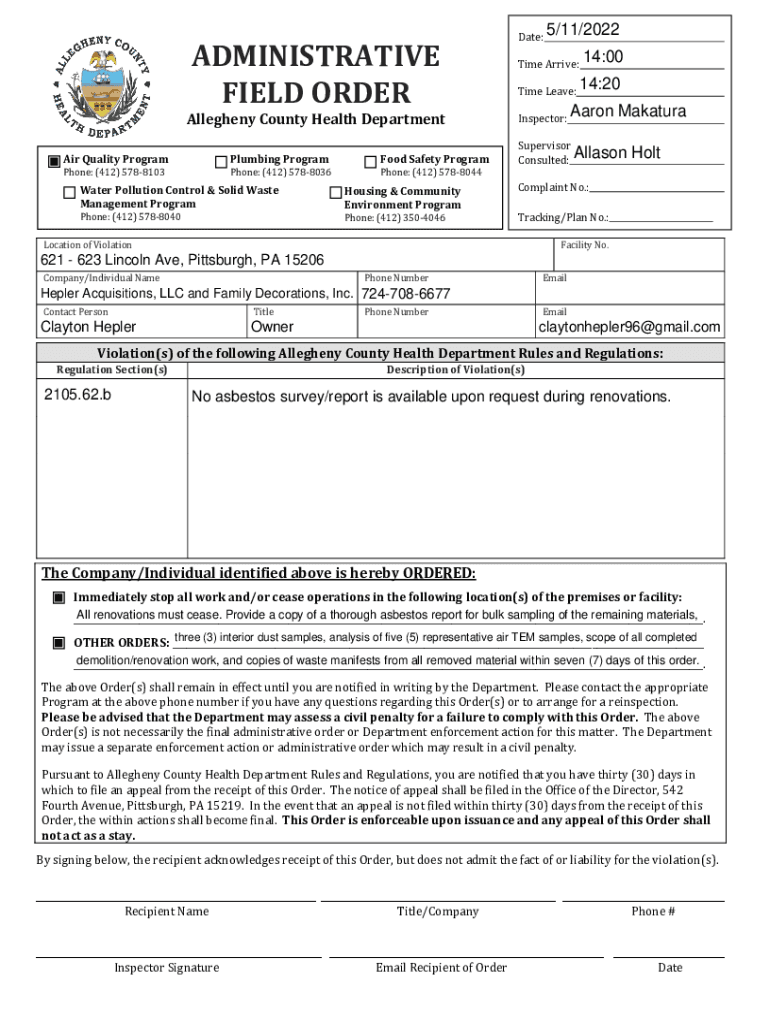 Fillable Online ADMINISTRATIVE FIELD ORDER Fax Email Print - pdfFiller