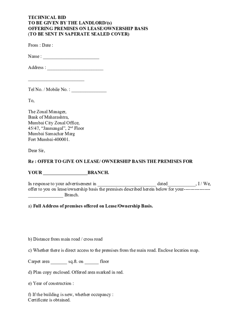 Fillable Online PREMISES REQUIRED ON LEASE BASIS (Technical Bid) Fax Email Print - pdfFiller