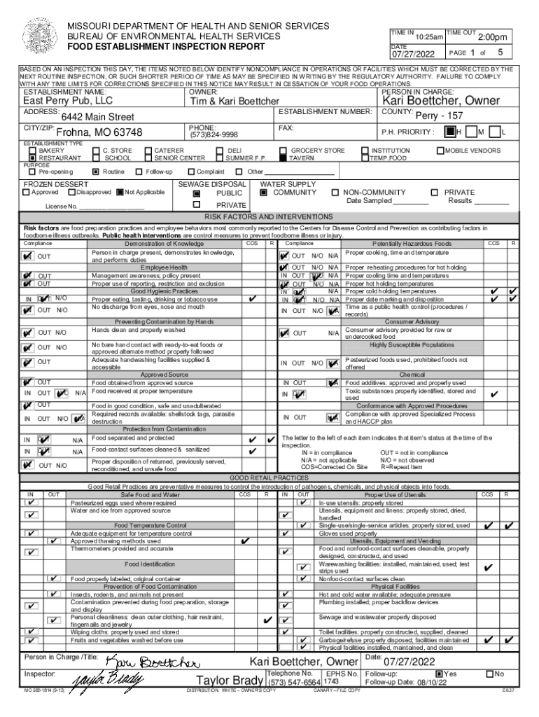 Fillable Online Inspections: Food Establishments - DPBH - State of ...