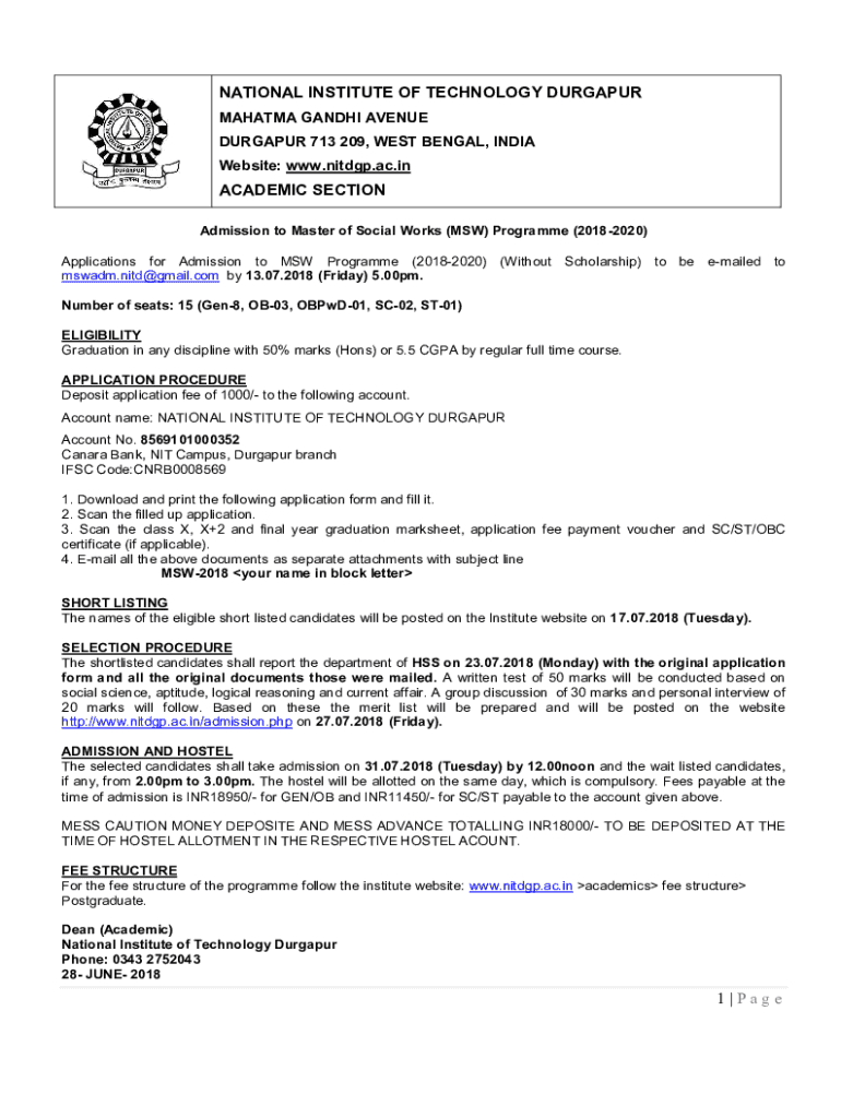 Fillable Online NIT Durgapur MSW Admission 2022 Application Form, Dates ...