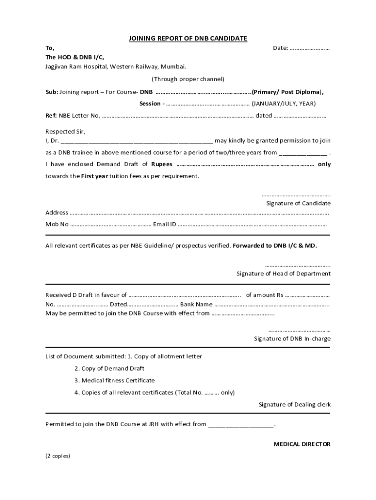 Fillable Online wr indianrailways gov 1 Format of Joining Report to be ...