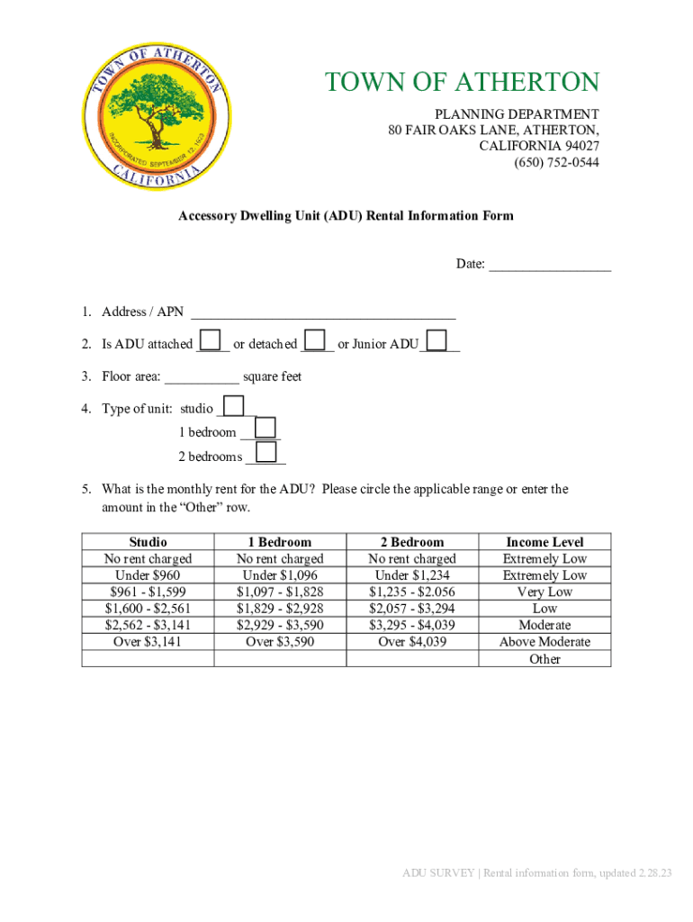 Fillable Online adu survey. Rental information form, updated 2.28.23 ...