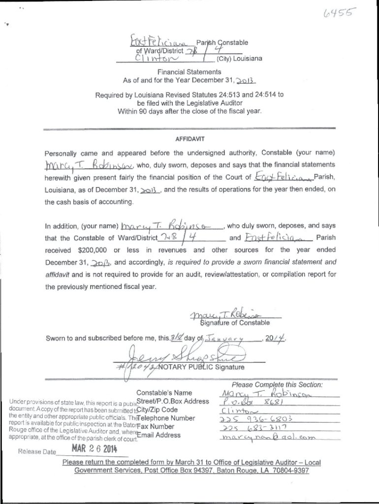 Fillable Online lla la East Feliciana Parish Constable, District 4 ...