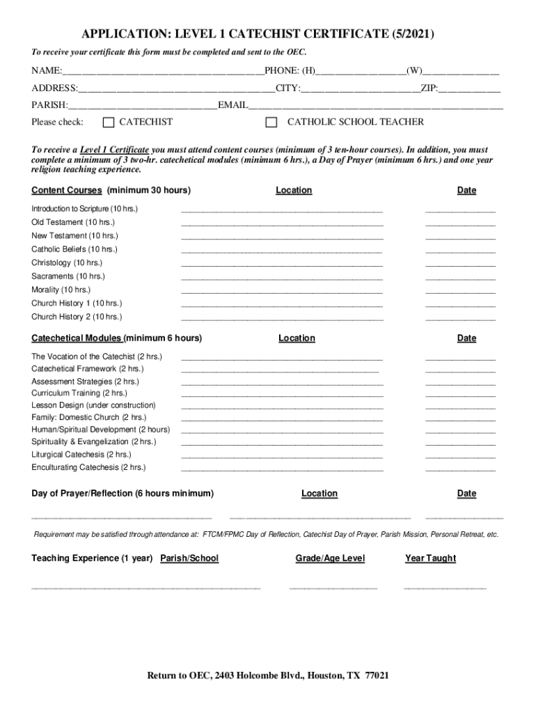 Fillable Online LEVEL 1 CATECHIST CERTIFICATE (5/2021) Fax Email Print - pdfFiller