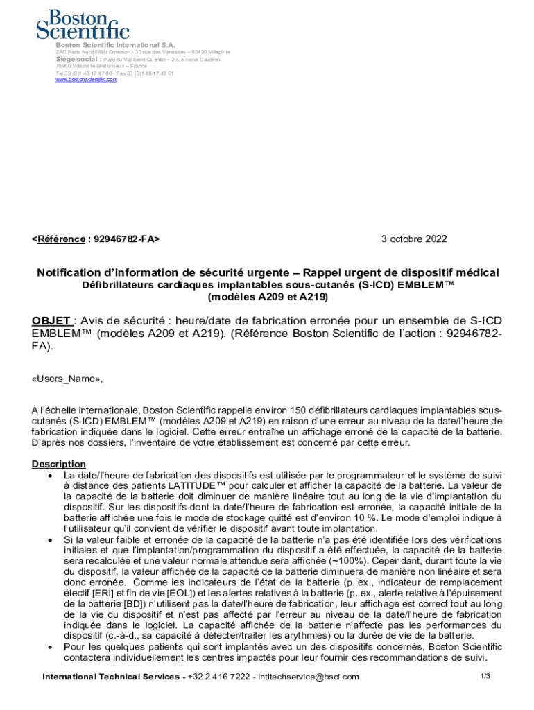 Remplissable En Ligne Rappel urgent de dispositif mdical OBJET : Avis de scurit Fax Email ...