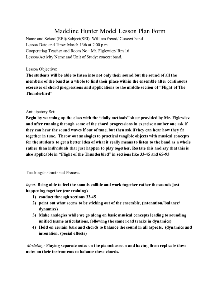 Fillable Online Madeline Hunter Model Lesson Plan Form Fax Email Print ...