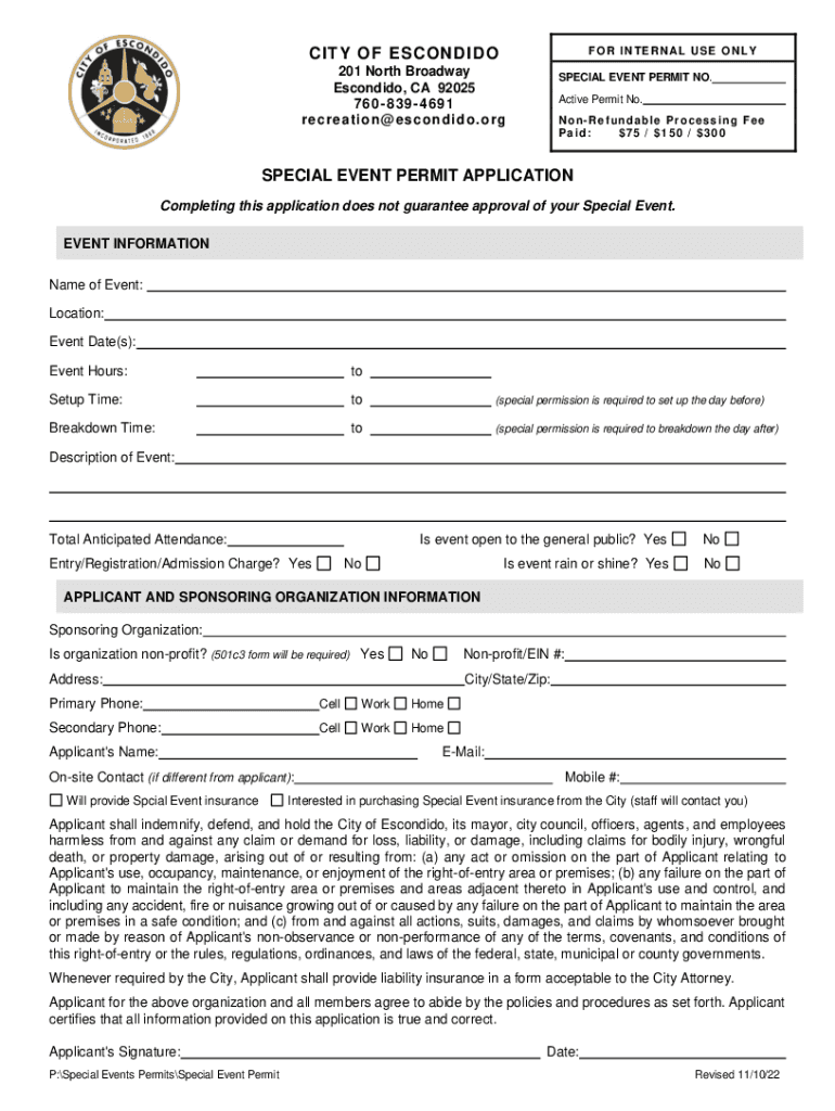 Fillable Online Special Events Permit Application form. Community ...