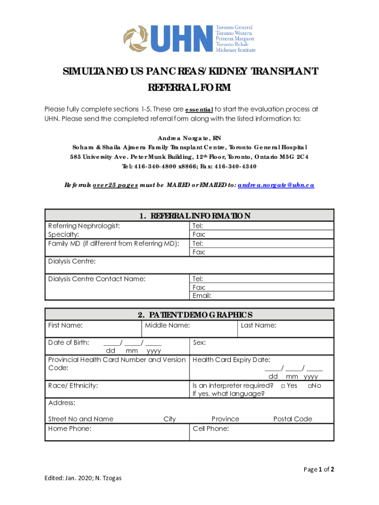 Fillable Online Simultaneous Pancreas/Kidney Transplant Referral Form ...