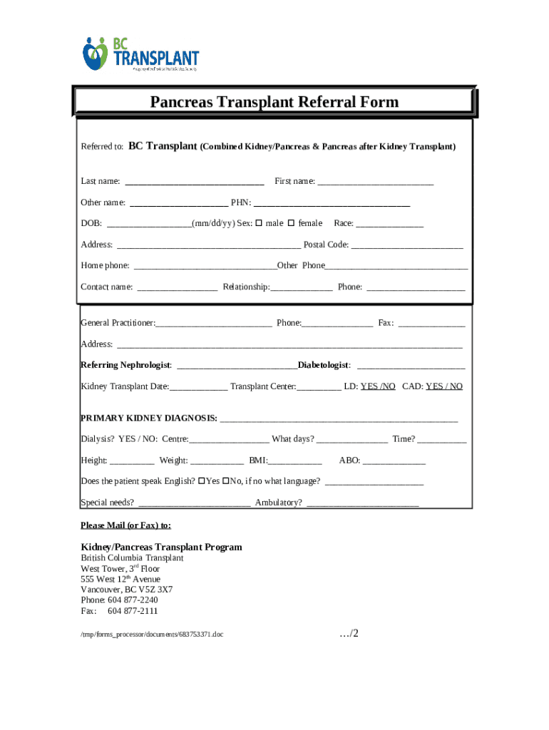 Pancreas Transplant Referral Doc Template | pdfFiller