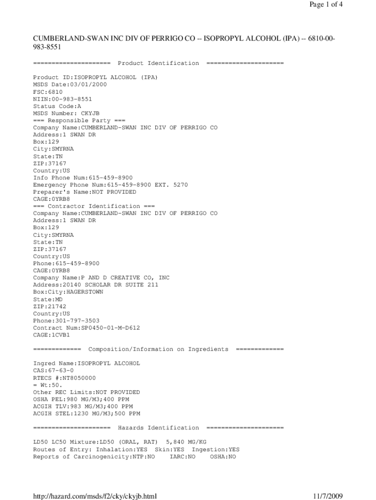 Fillable Online cumberland-swan inc div of perrigo co -- isopropyl alcohol (ipa ... Fax Email ...