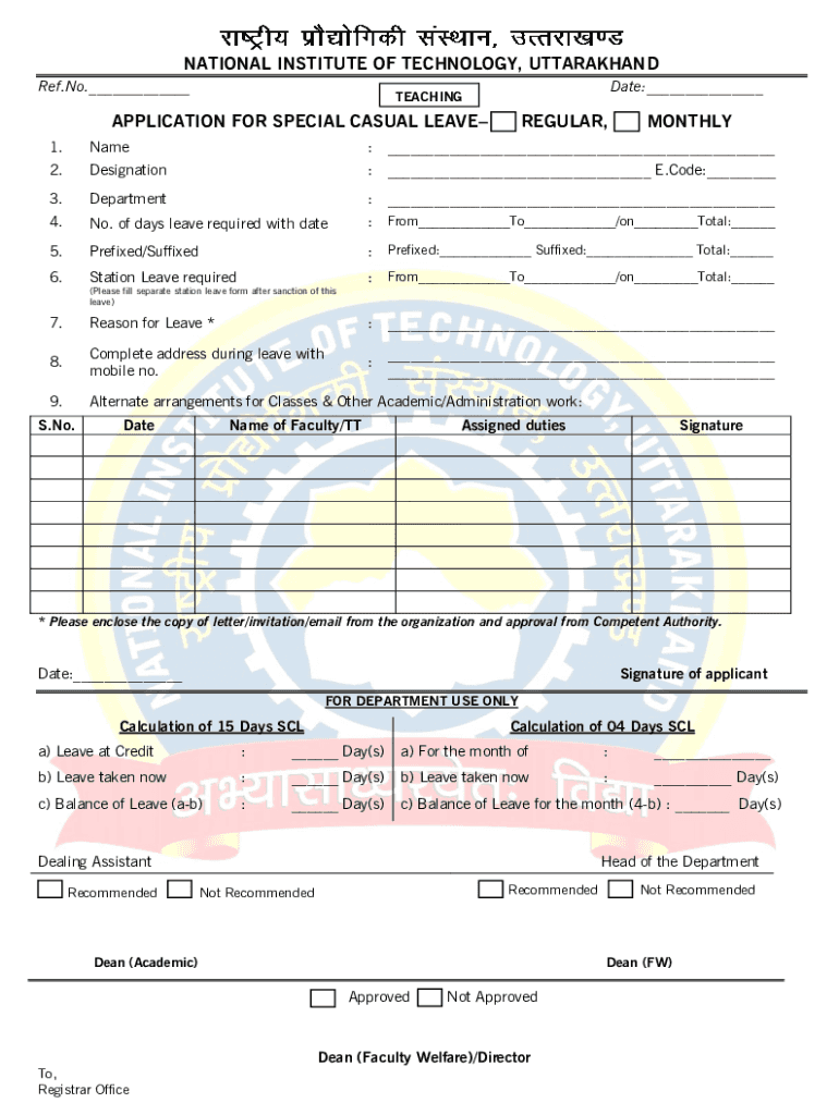 Fillable Online nituk ac APPLICATION FOR SPECIAL CASUAL LEAVE Fax Email ...