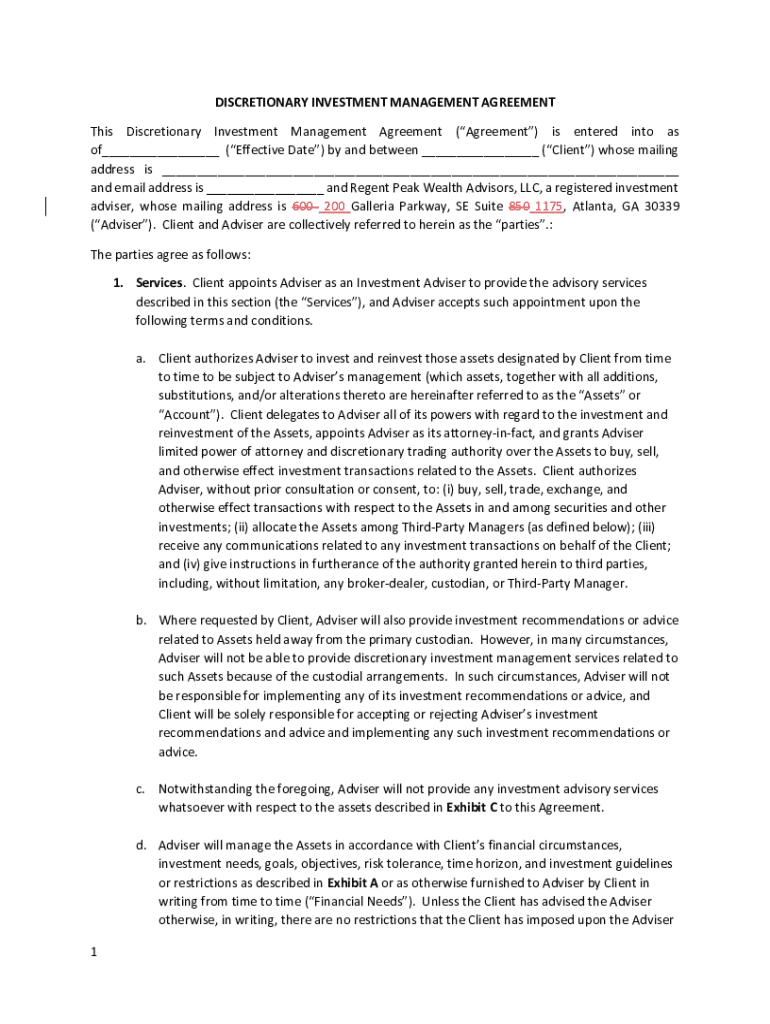 Fillable Online Investment Management Agreement by and between Fax ...