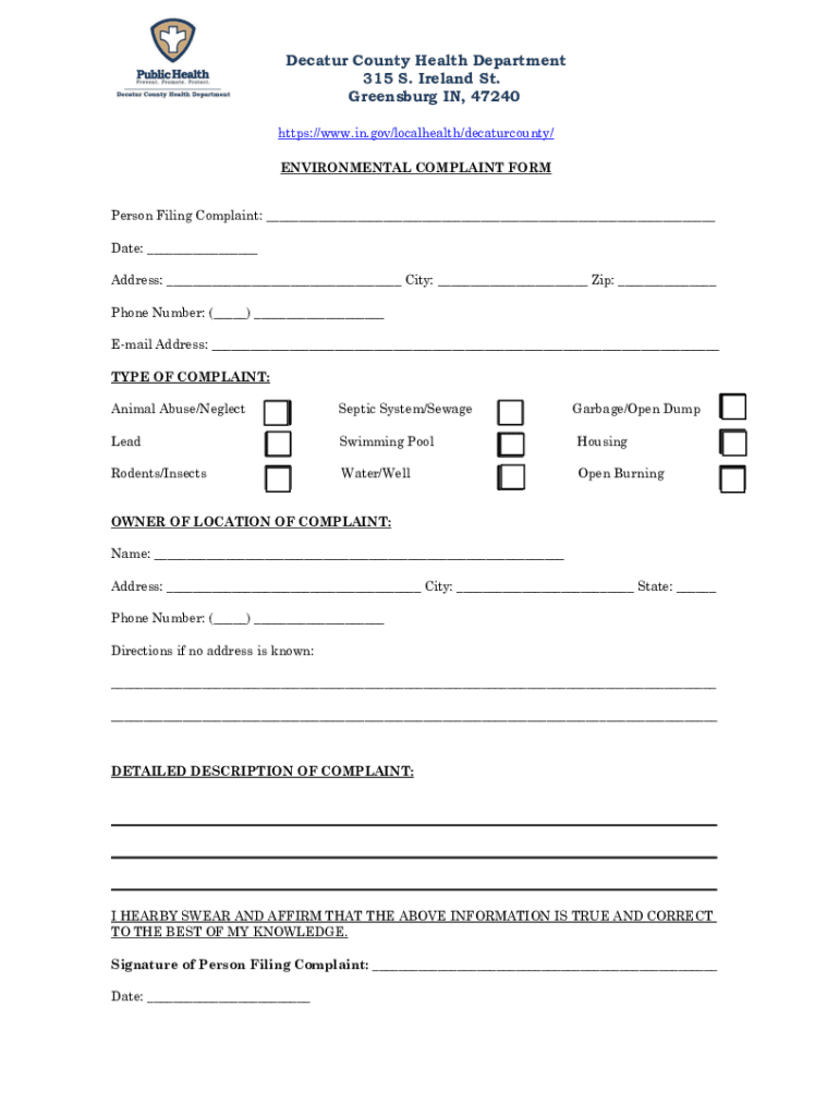 Fillable Online Dubois County Indiana Complaint Form Section 1 Fax ...