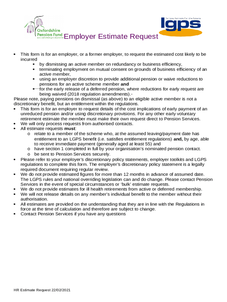 REQUEST FOR ESTIMATE OF LGPS BENEFITS Doc Template | pdfFiller