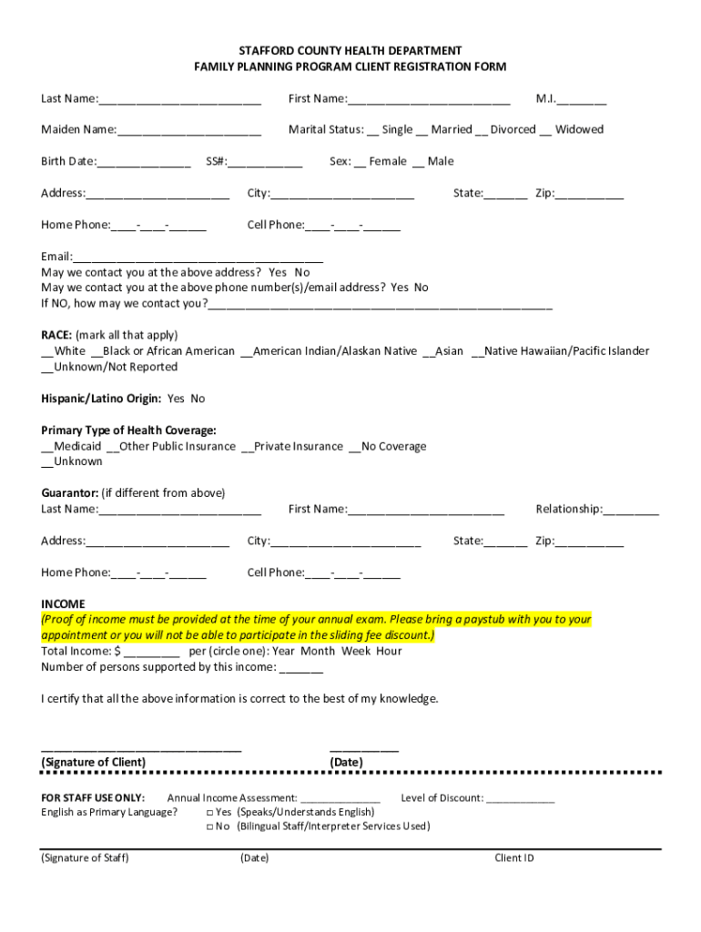 Fillable Online Family Planning Program Client Registration Form Fax ...