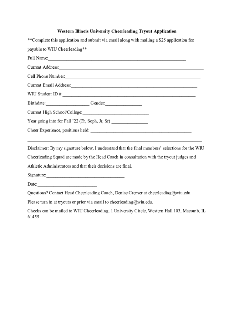 Fillable Online Western Illinois University Cheerleading Tryout ...