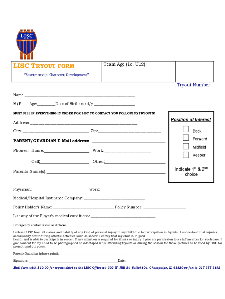 Fillable Online UNIVERSAL LISC TRYOUT FORM Fax Email Print - pdfFiller