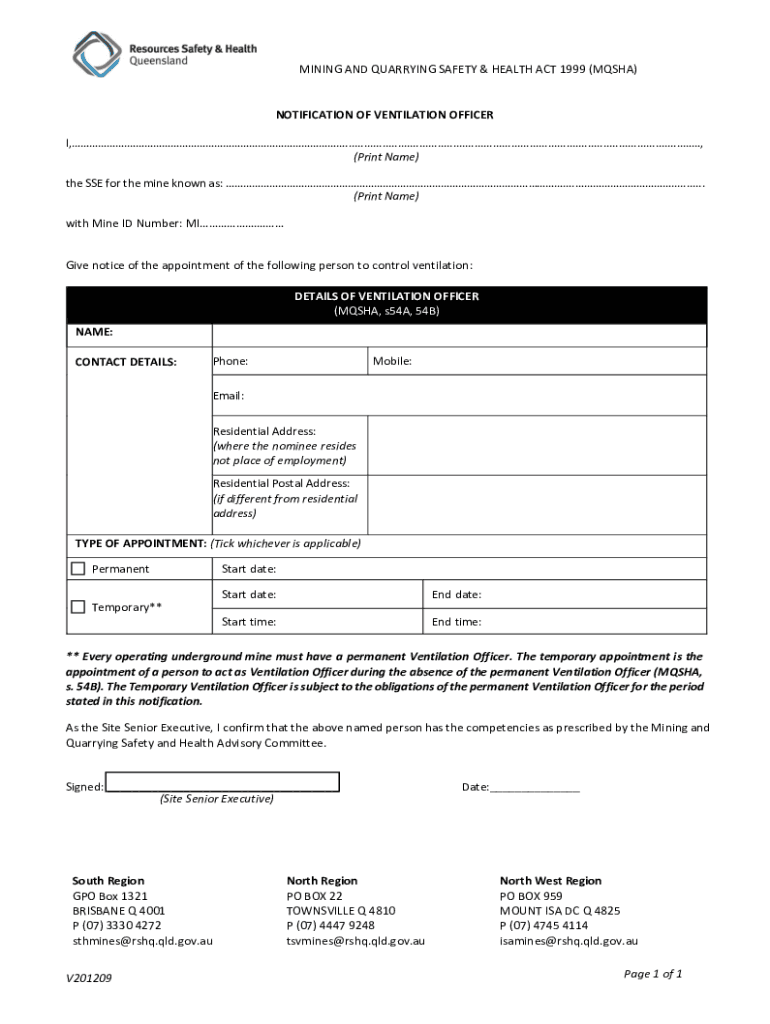 Fillable Online APPOINTMENT OF A VENTILATION OFFICER FOR A MINE Fax ...