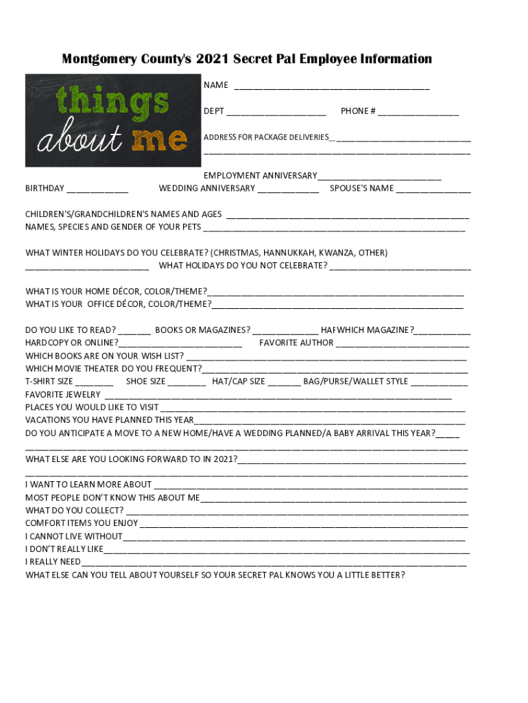 Fillable Online Montgomery County's 2021 Secret Pal Employee ...