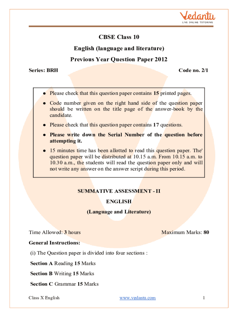 Fillable Online English Language and Literature Question Paper for CBSE ...