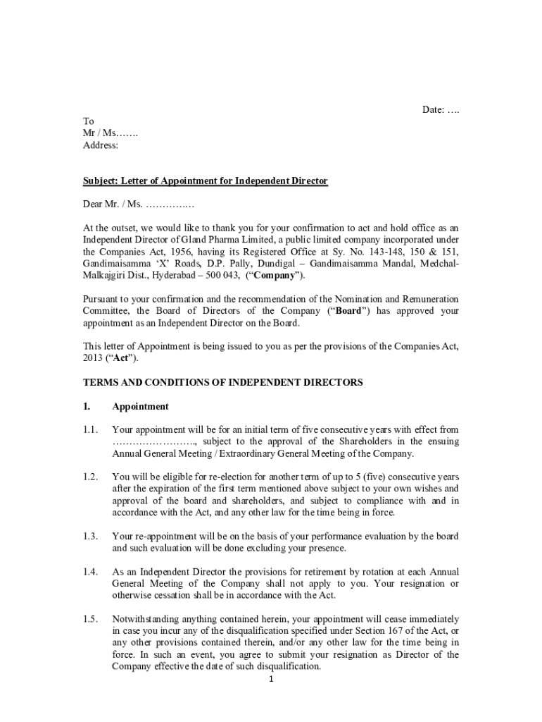 Fillable Online Letter of Appointment for Independent Director Dear Mr ...