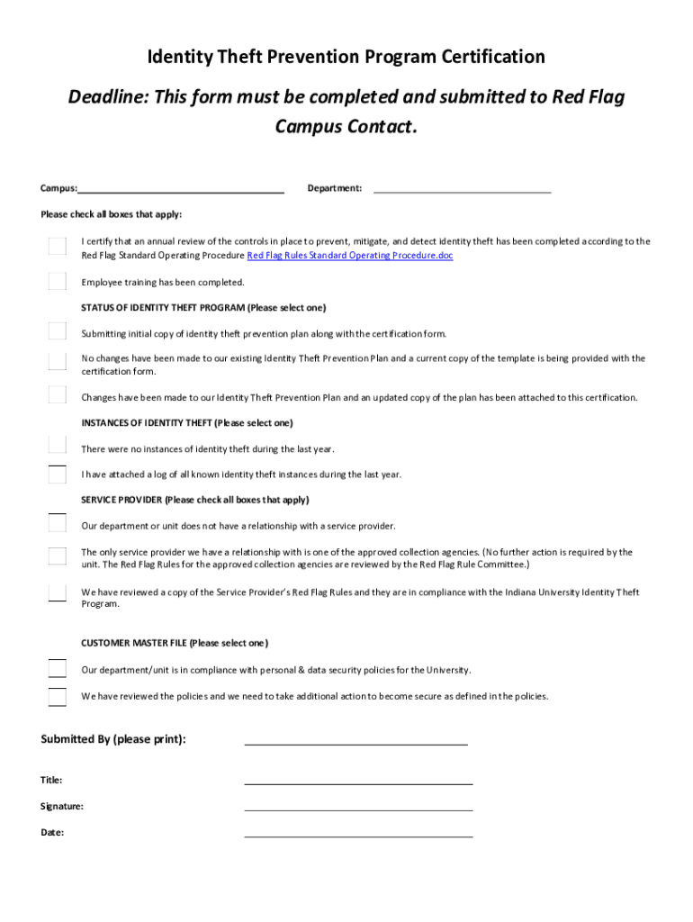 Fillable Online Identity Theft Prevention Program Certification ...