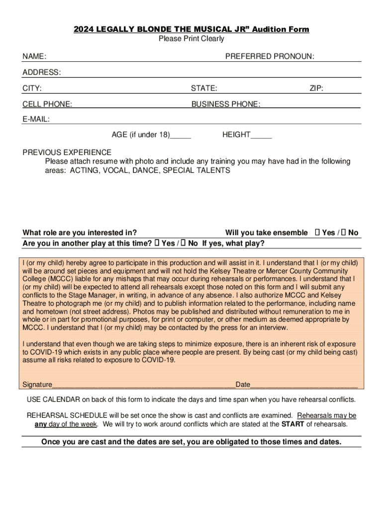 Fillable Online kelsey mccc 2024 LEGALLY BLONDE THE MUSICAL JR Audition ...