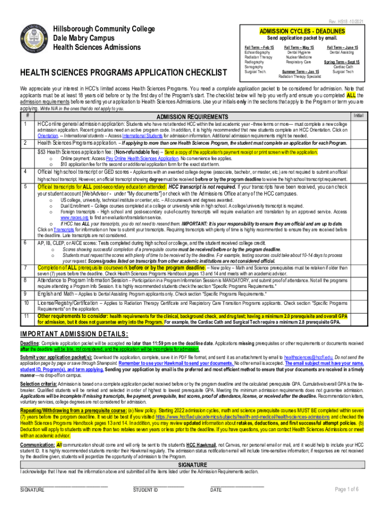 Fillable Online Health Sciences Program Application 10-2021 Fax Email ...