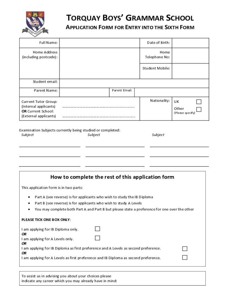 Fillable Online Application form for entry into the sixth form Fax ...