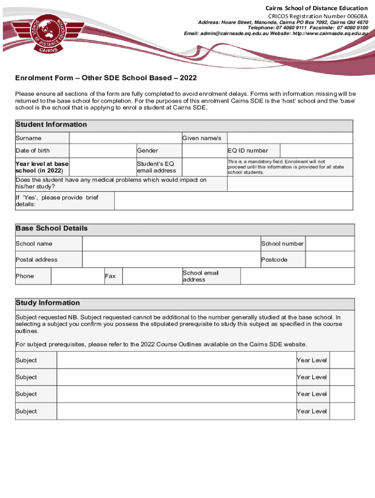 Fillable Online cairnssde eq edu Cairns School of Distance Education - Schoolzineplus.com Fax ...