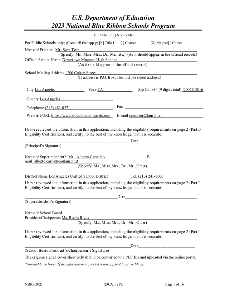 Fillable Online 2023 National Blue Ribbon Schools - Department of ...