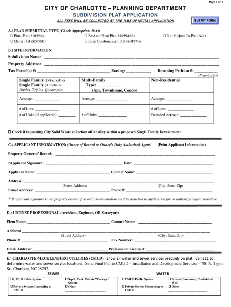 Fillable Online ww charmeck PLANNING DEPARTMENT PLAT APPLICATION ...