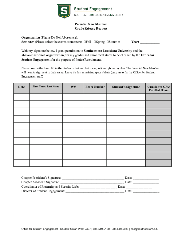 Fillable Online Potential New Member Grade Release Form ... Fax Email Print - pdfFiller