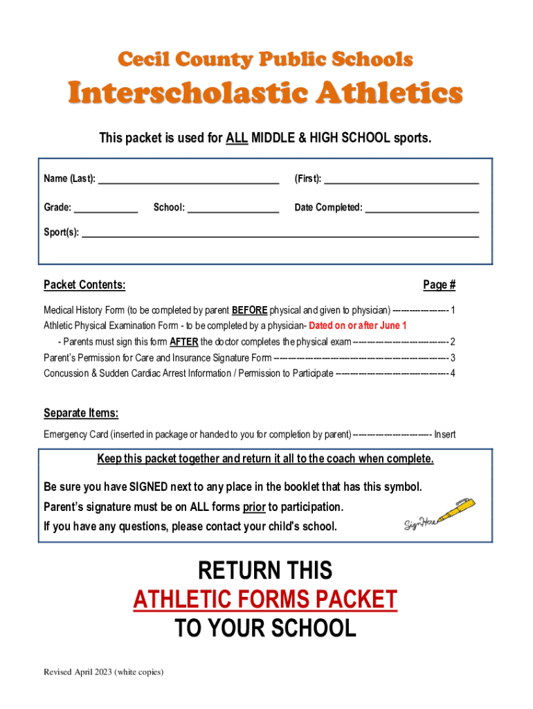 Fillable Online Athletic Forms Packet - Cecil County Public Schools Fax ...
